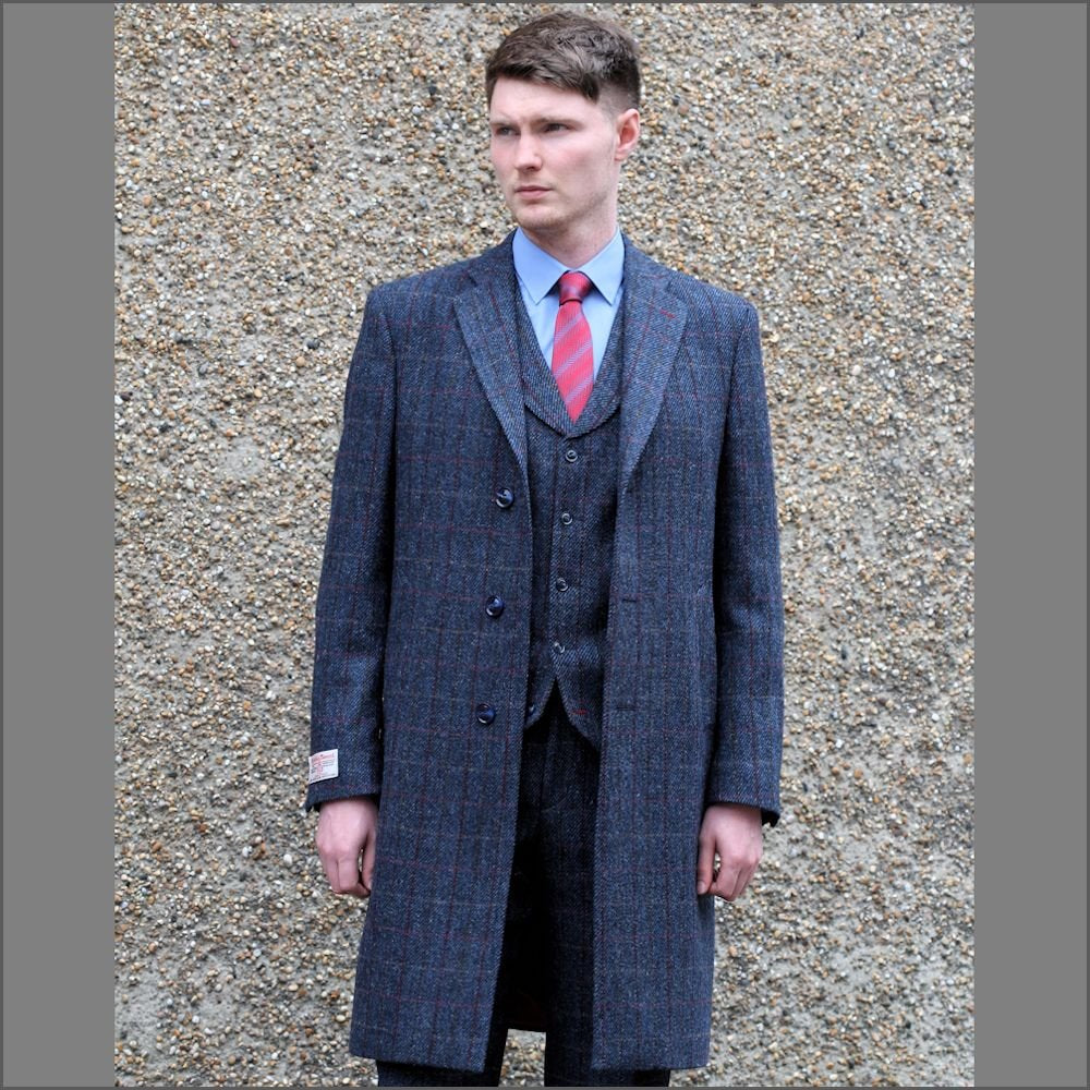 Harris Tweed Blue with Wine Check Overcoat` | cwmenswear
