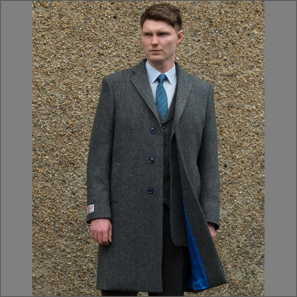 Harris Tweed Blue Heather Herringbone Overcoat= | cwmenswear