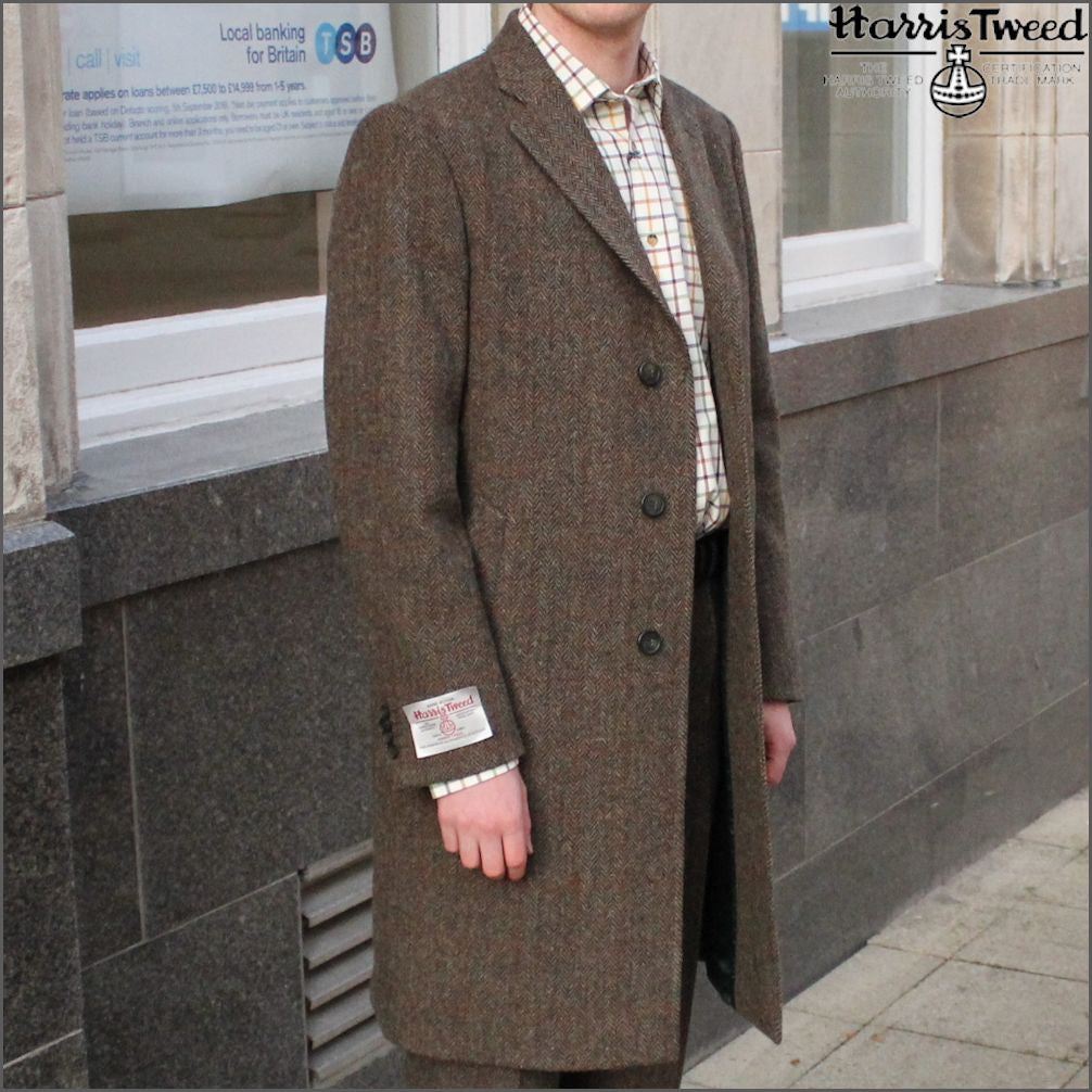 Harris Tweed Brown Herringbone Overcoat-- | cwmenswear